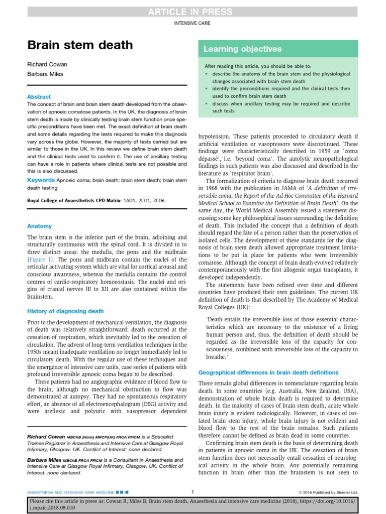 Brain Stem Death: Learning Objectives | PDF | Coma | Human Anatomy
