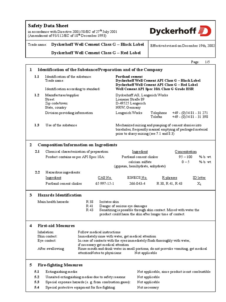 MSDS-Dyckerhoff Class G | Toxicity | Firefighting