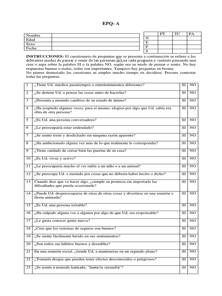 Epq-A: INSTRUCCIONES: El Cuestionario de Preguntas Que Se Presenta A ...