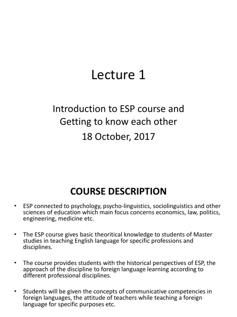 Introduction To ESP Course and Getting To Know Each Other 18 October ...