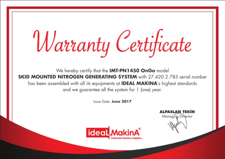 Nitrogen Generator Warranty Certificate | PDF