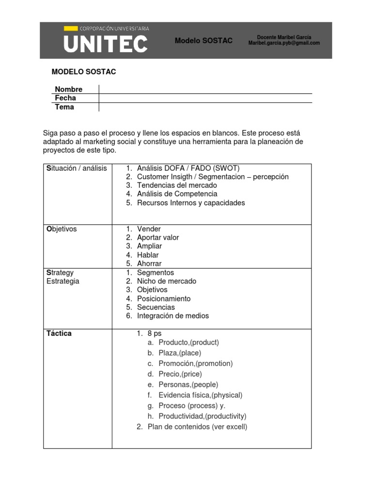 Ejemplo Modelo Sostac | Análisis FODA | Marketing