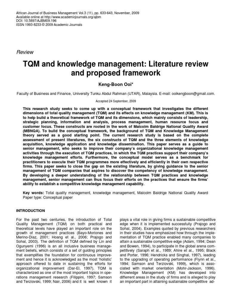 TQM and Knowledge Management: Literature Review and Proposed Framework ...