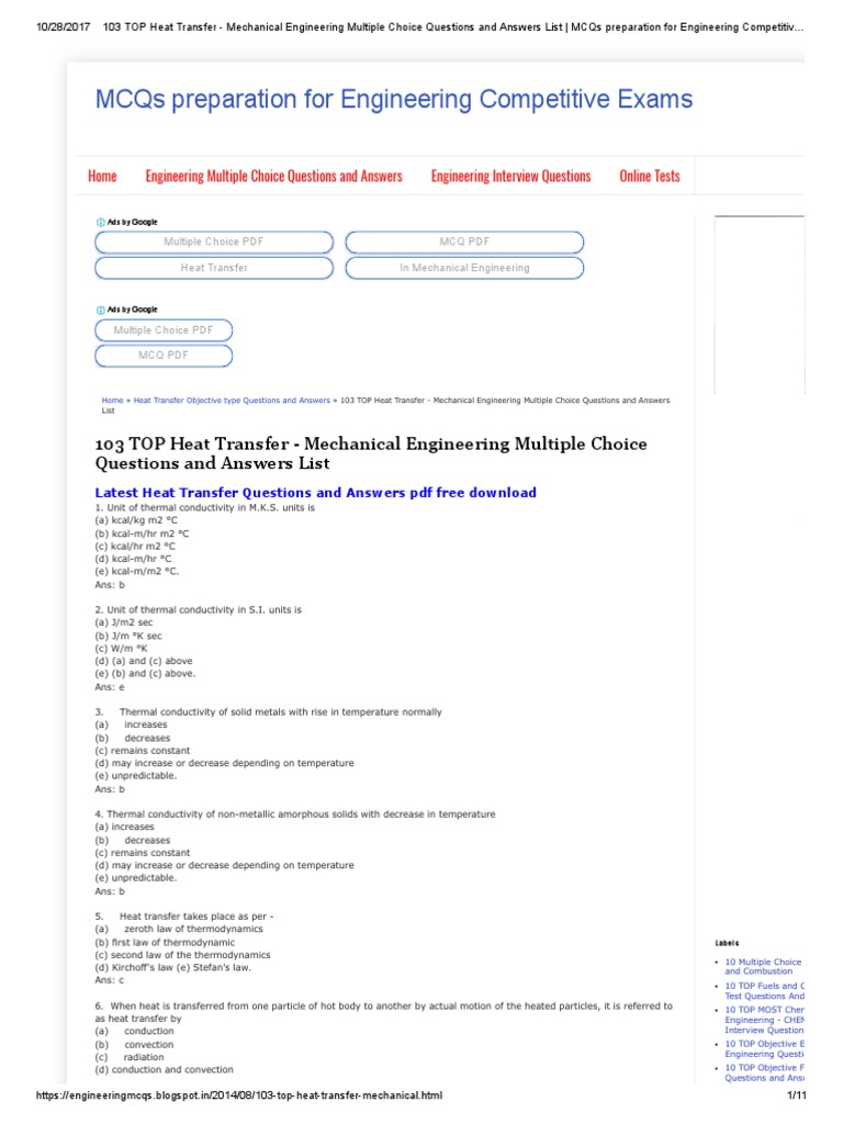 Heat Transfer MCQs for Engineering Exams | PDF | Heat Transfer ...