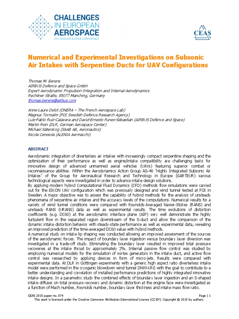 Numerical and Experimental Investigations On Subsonic Air Intakes With ...