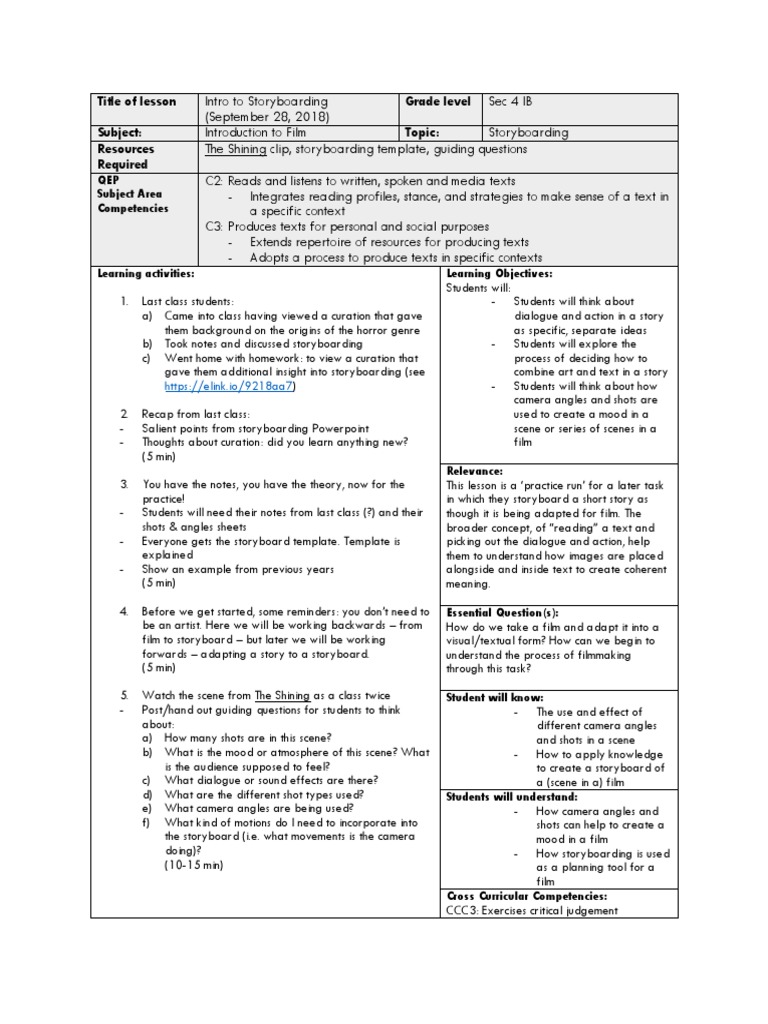 Storyboard The Shining Lesson Plan | PDF | Pedagogy | Teaching