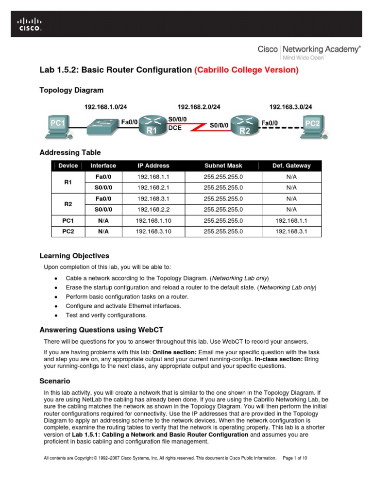 Lab 1.5.2: Basic Router Configuration: Topology Diagram | PDF | Router (Computing) | Routing