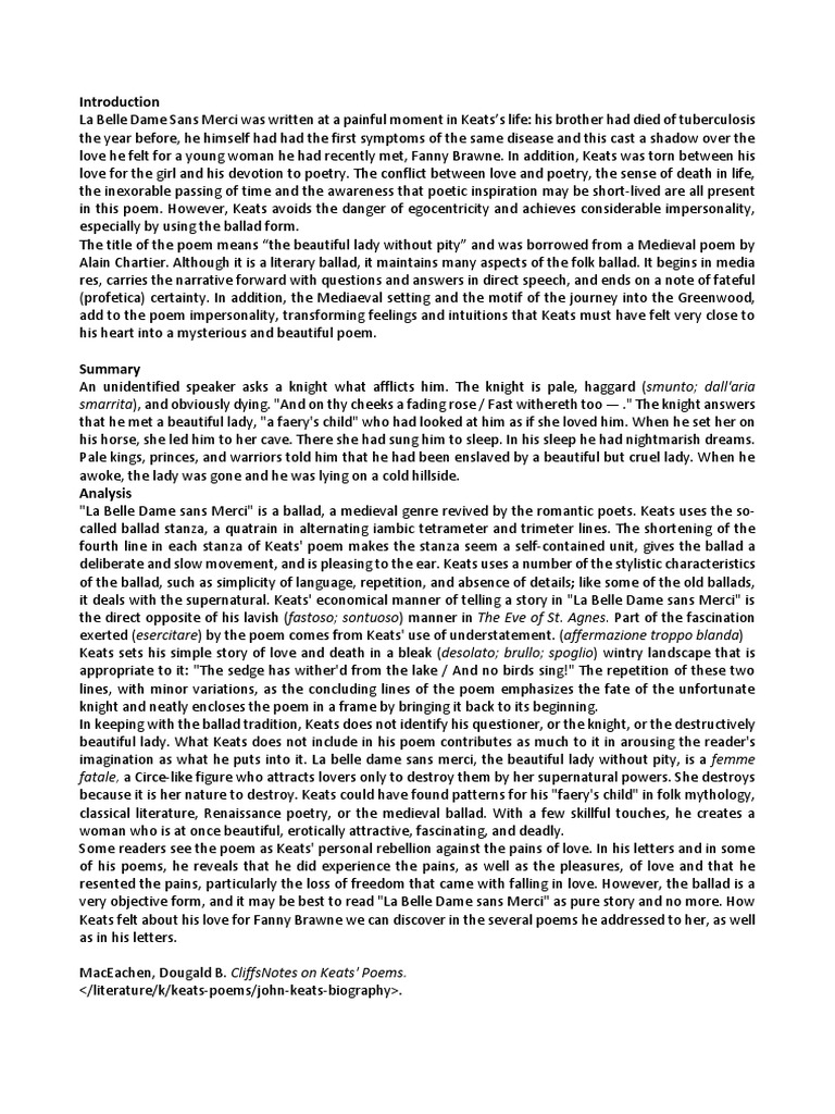 La Belle Dame Sans Merci Analysis | PDF | Poetry