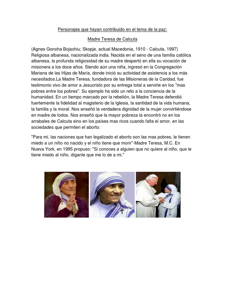 Personajes que Promovieron la Paz | PDF | Madre Teresa | Congreso ...