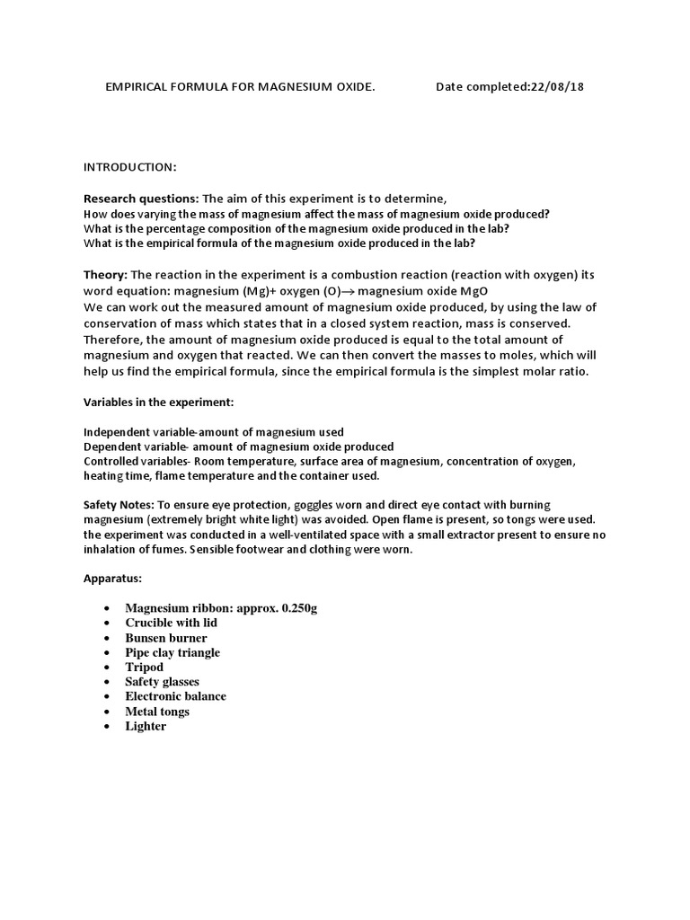 Empirical Formula For Magnesium Oxide | PDF | Magnesium | Accuracy And ...