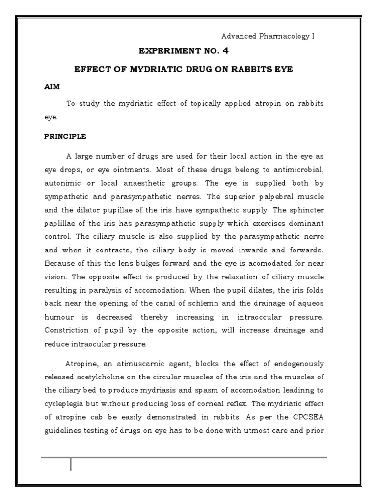 Experiment No. 4 Effect of Mydriatic Drug On Rabbits Eye | PDF | Visual ...