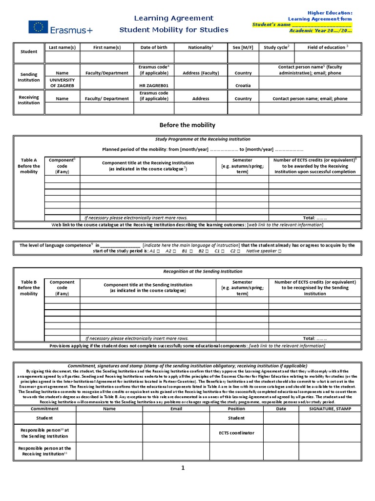 Erasmus+ Learning Agreement Template | PDF | Academic Degree | Behavior ...