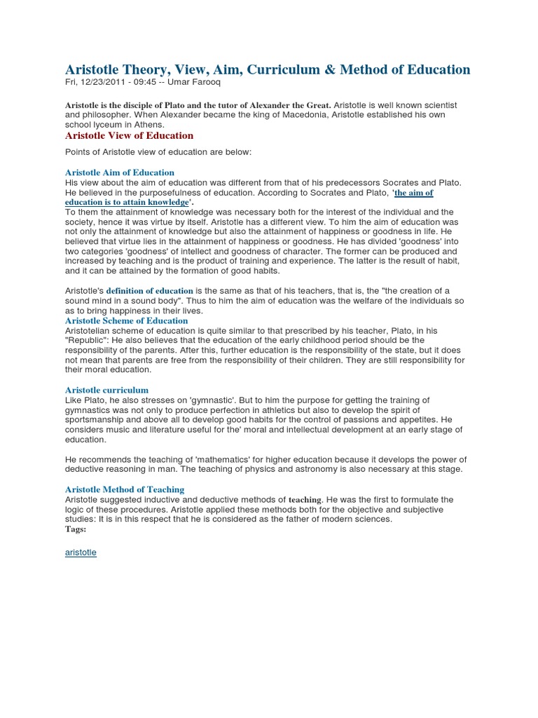 Aristotle Theory, View, Aim, Curriculum & Method of Education | PDF ...