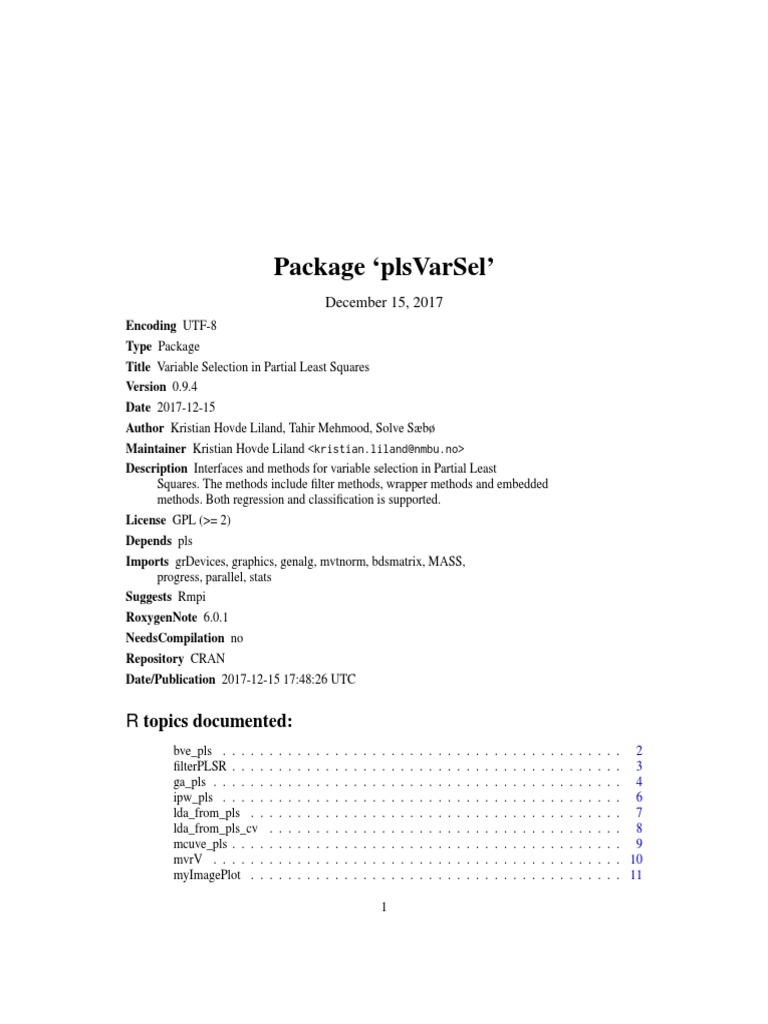 Package Plsvarsel': R Topics Documented | PDF | Chemometrics | Regression Analysis