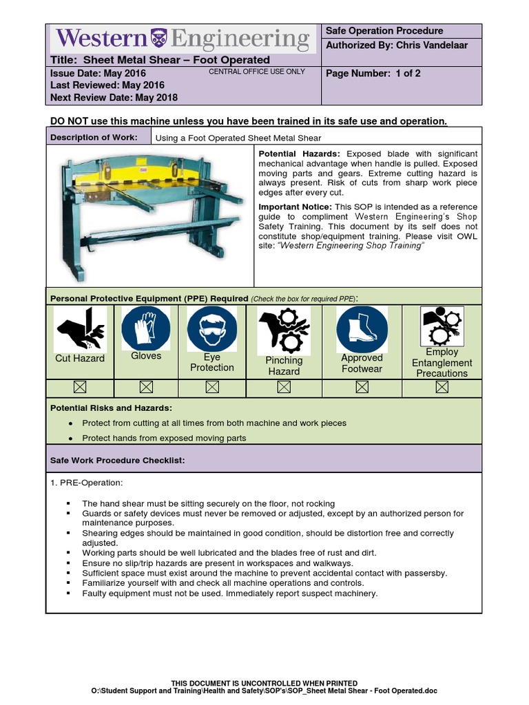 Sop Sheet Metal Shear Foot Operated | PDF | Personal Protective ...