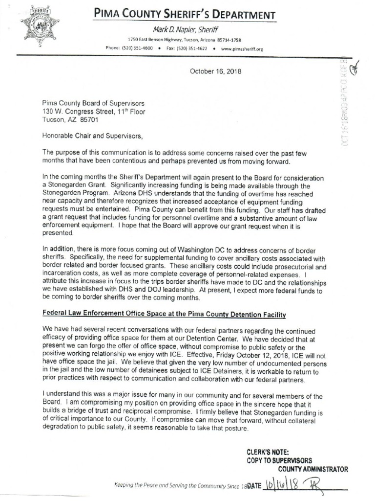 Sheriff Mark Napier Letter To Pima County Board of Supervisors | PDF
