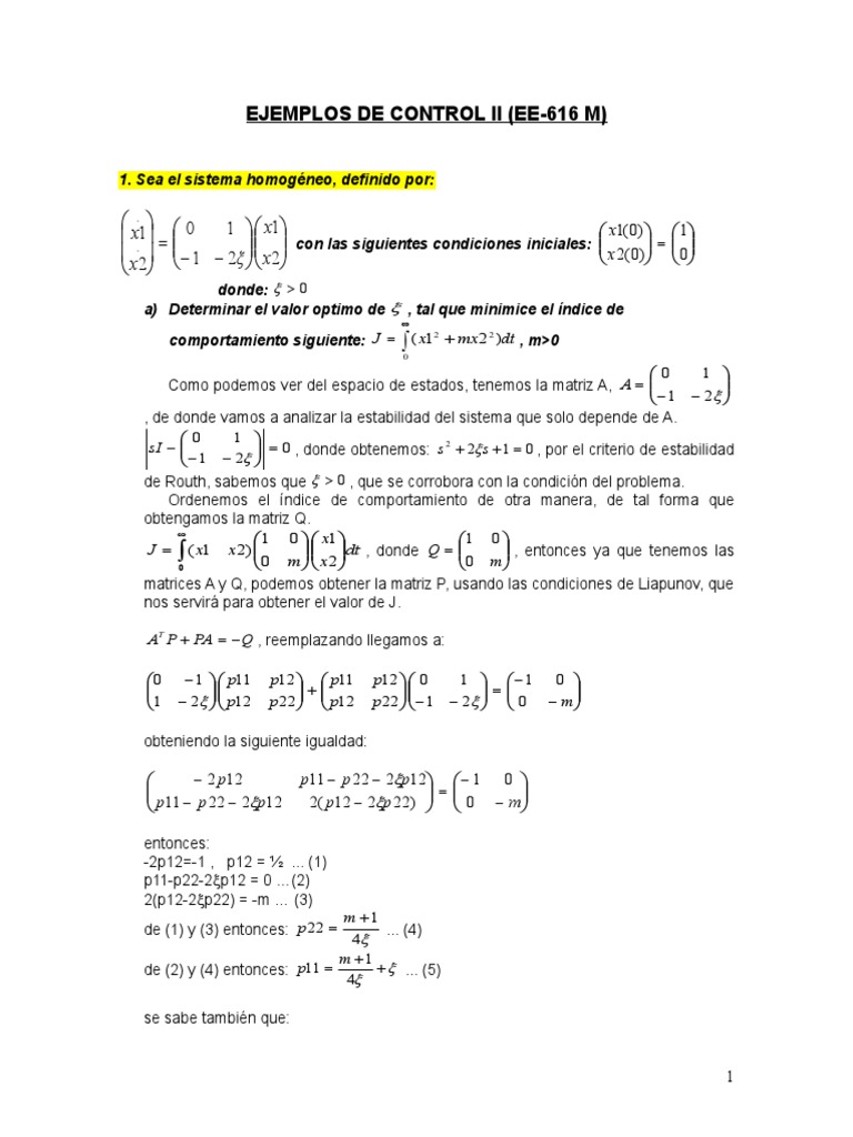 Ejemplos de Control Optimo | PDF | Matriz (Matemáticas) | Objetos matemáticos