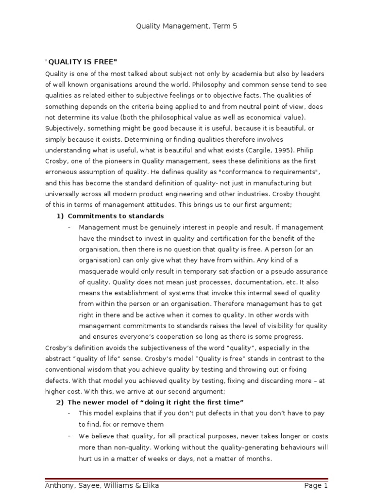 Quality is Free: An Analysis of Philip Crosby's Influential Quality ...