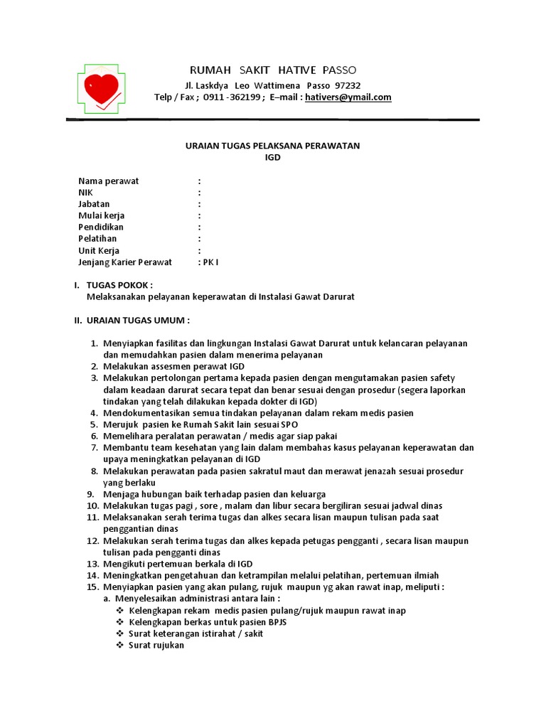 Uraian Tugas Perawat Igd, Rajal, Ranap | PDF