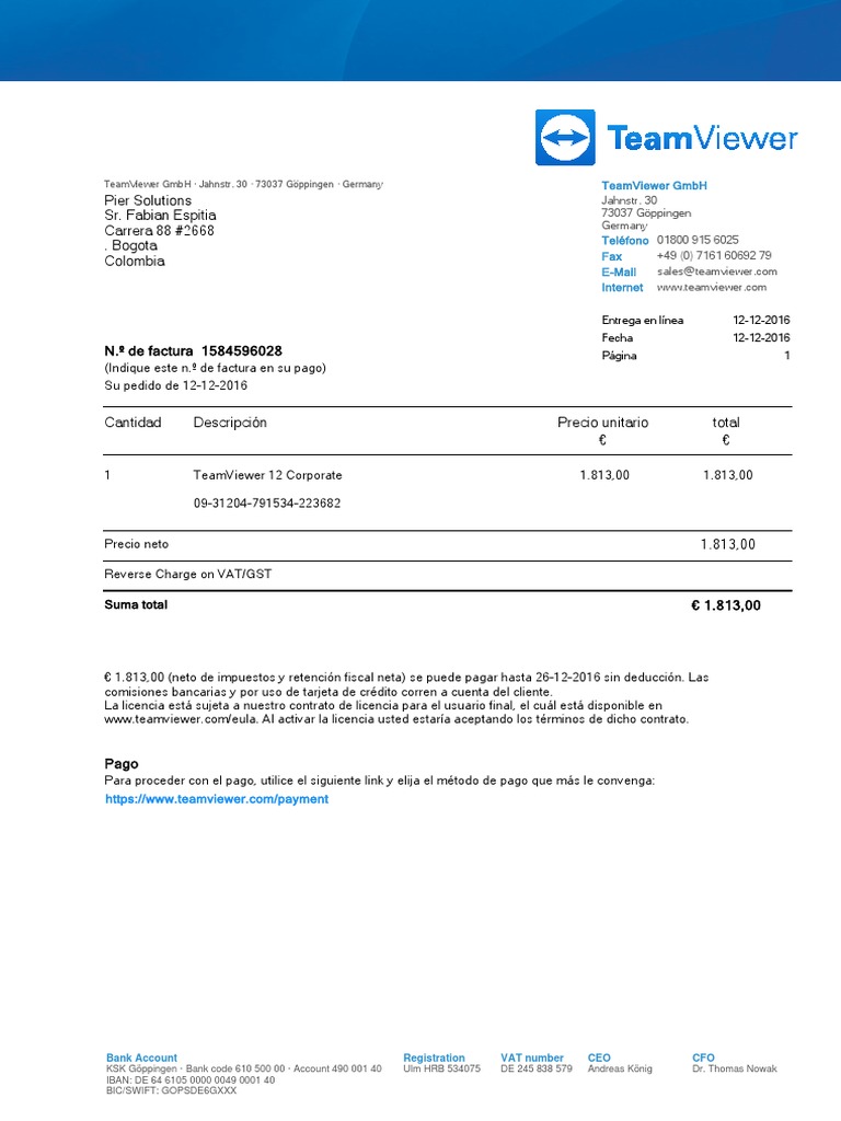 Factura TeamViewer 12 Corporate | PDF | Pagos | Tecnología financiera