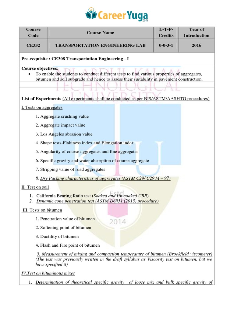 Transportation Engineering Lab Course | PDF | Asphalt | Road