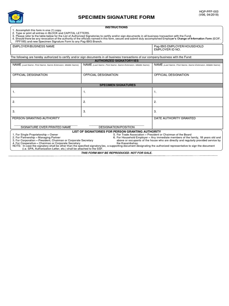 Specimen Signature Form: Instructions | PDF | Signature | Social ...