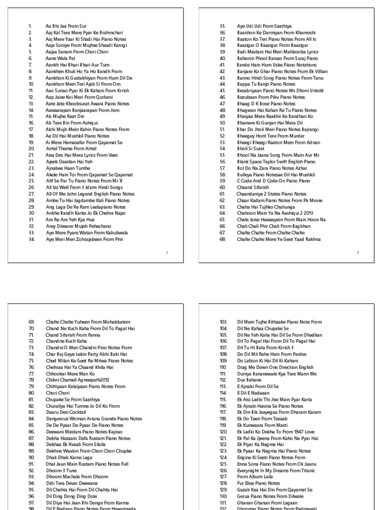 A Comprehensive Collection of Bollywood Song Piano Notes | PDF ...