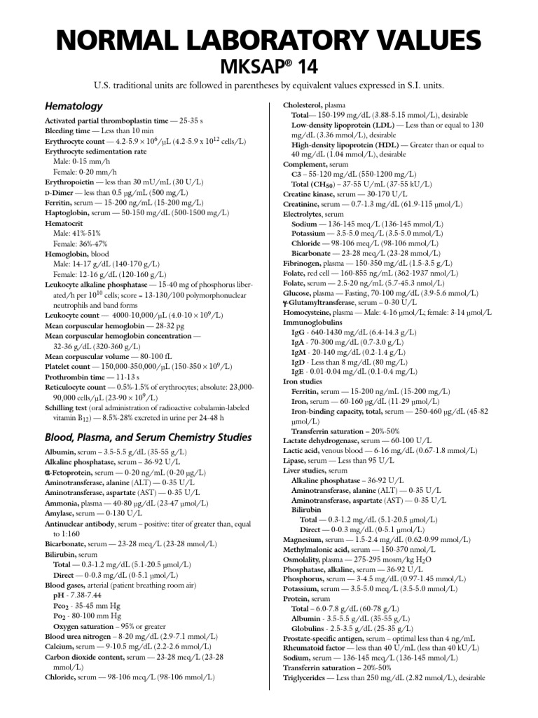 Normal Laboratory Values | PDF | Blood Plasma | Medical Specialties