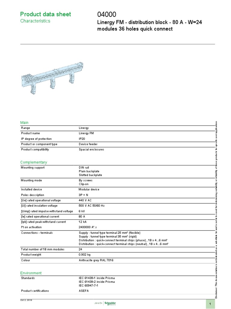 Product Data Sheet: Linergy FM - Distribution Block - 80 A - W 24 ...