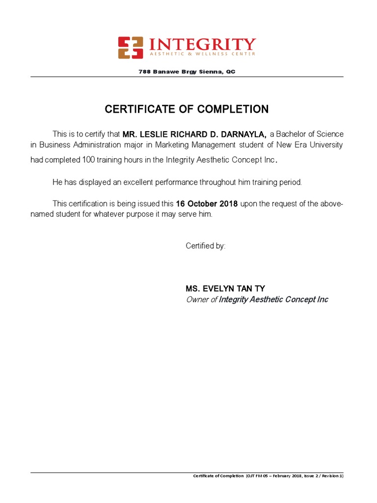 Certificate of Completion: Integrity Aesthetic Concept Inc | PDF | Business