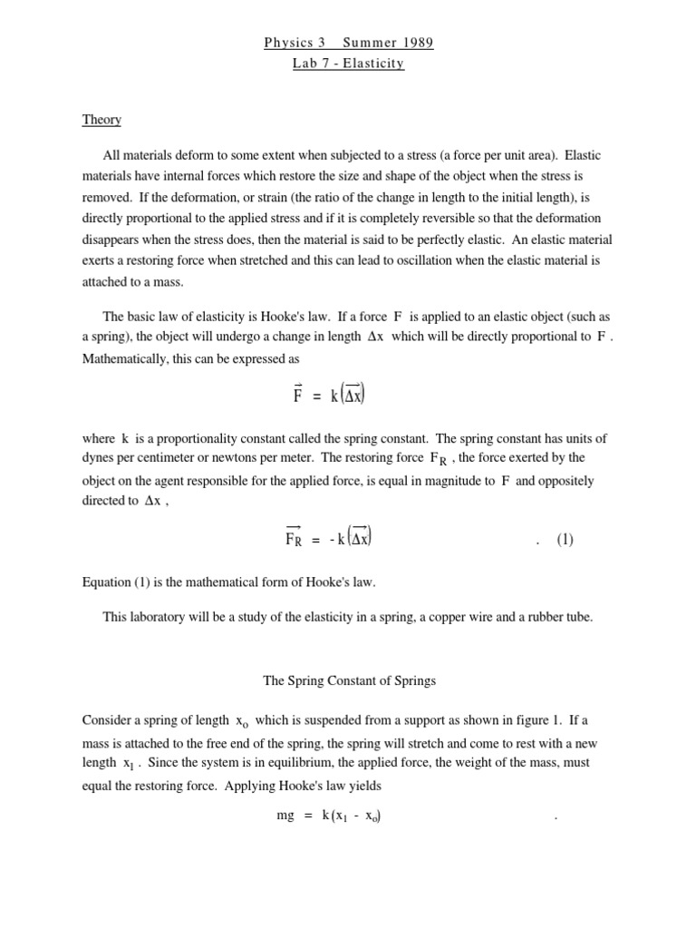 Physics 3 Summer 1989 Lab 7 - Elasticity | PDF | Elasticity (Physics ...
