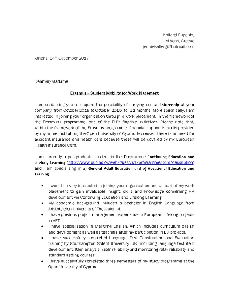 Erasmus+ Internship Application Letter | PDF | Vocational Education ...