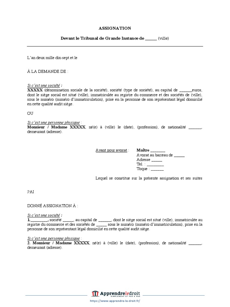 Modele Assignation Tgi Au Fond | PDF | Avocat | Vertu