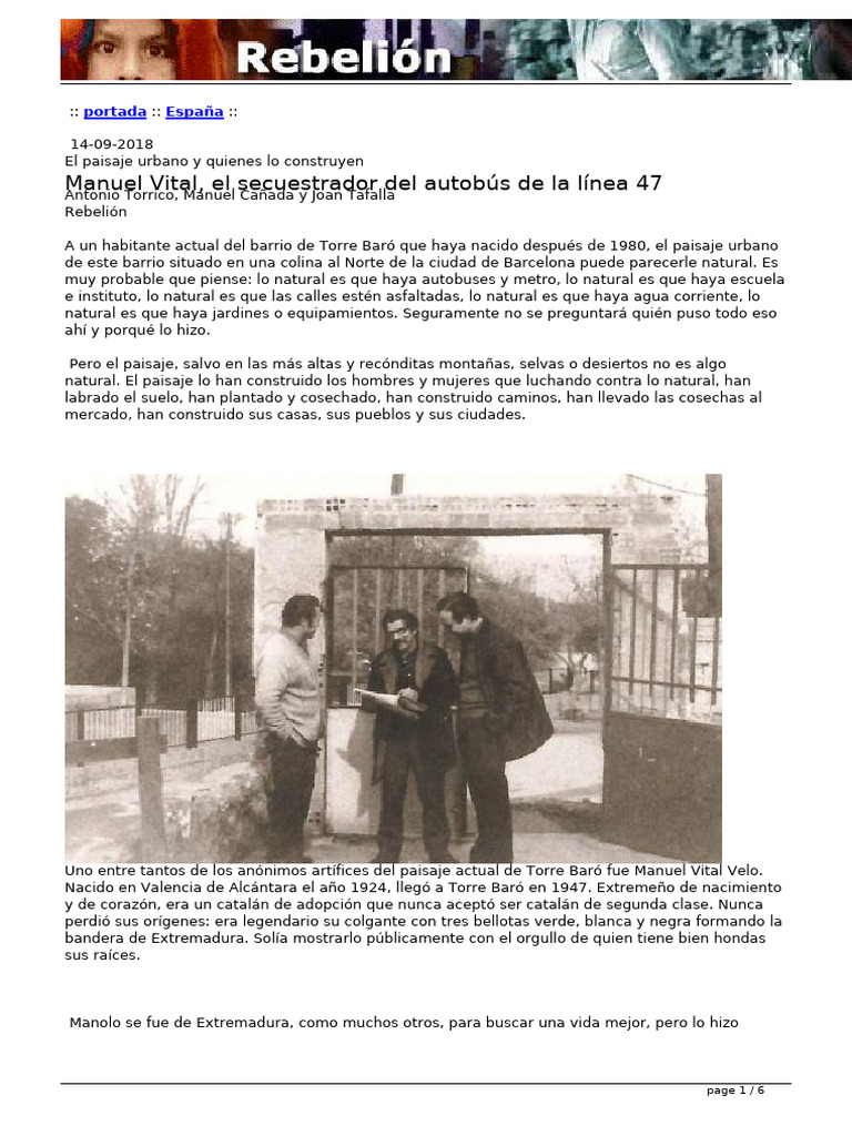 Manuel Vital: Emigración y lucha en Torre Baró | PDF | Barcelona ...
