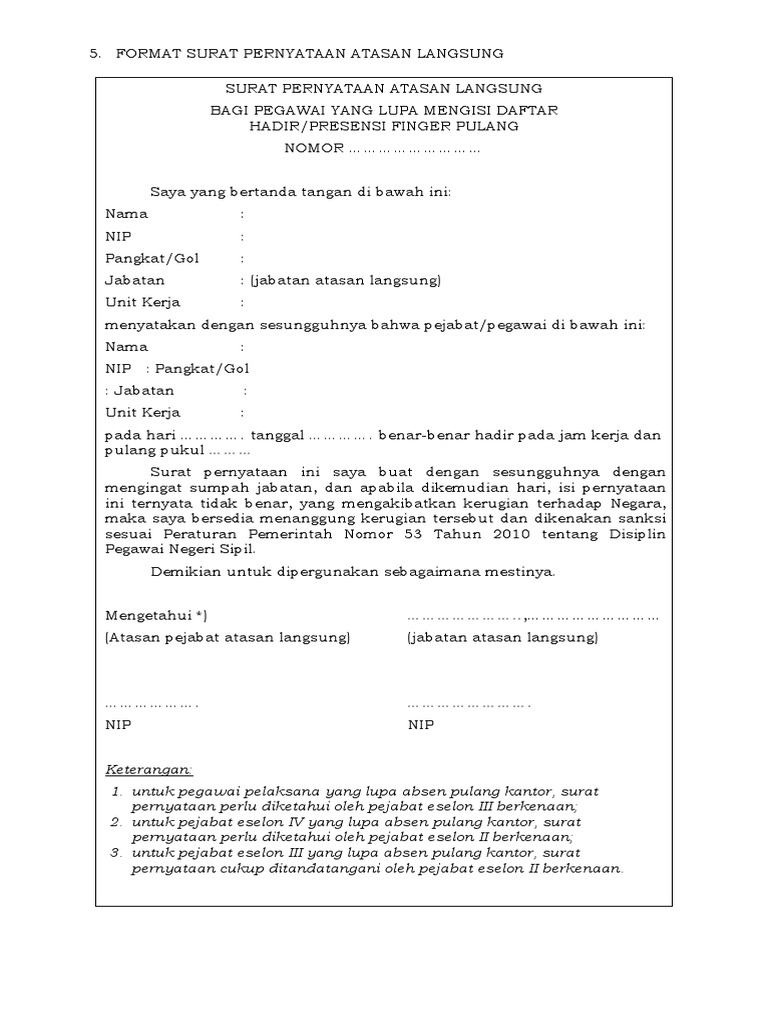 Fo6-Surat Pernyataan Atasan Lupa Daftar Hadir - Presensi Pulang | PDF
