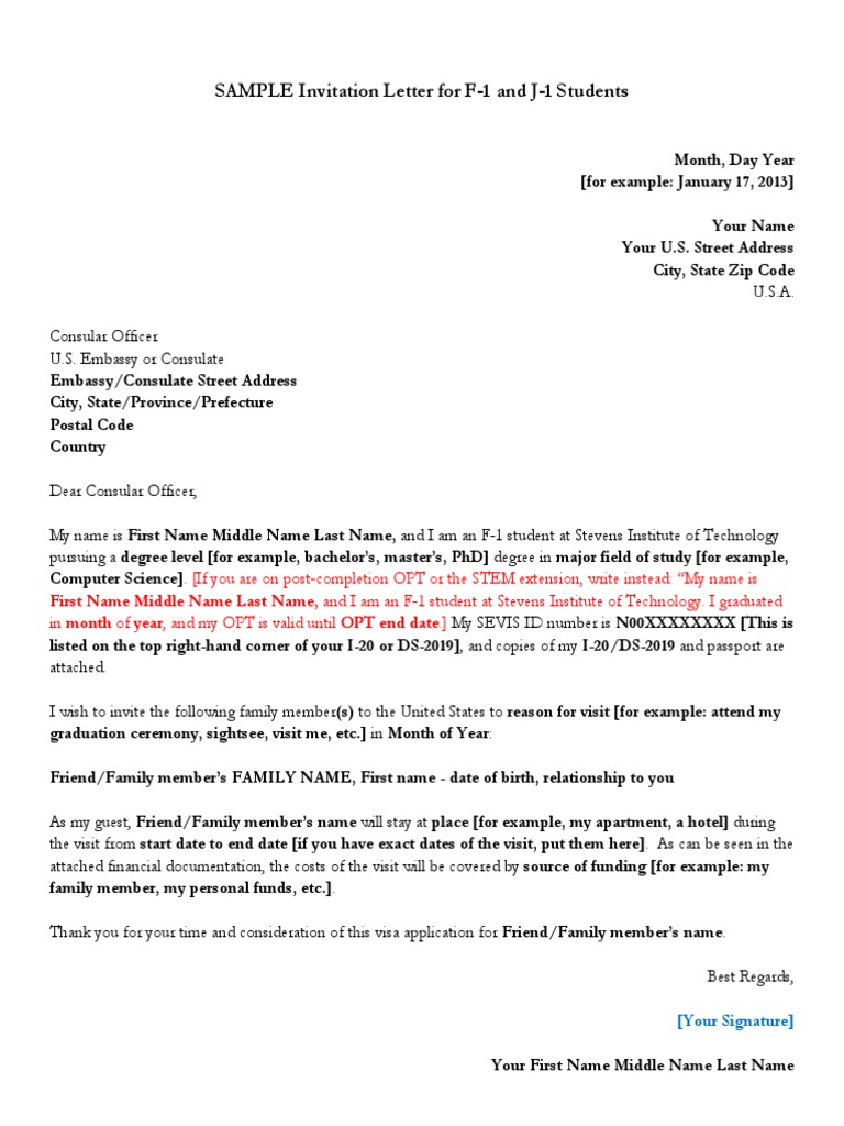 SAMPLE Invitation Letter For F-1 and J-1 Students | PDF