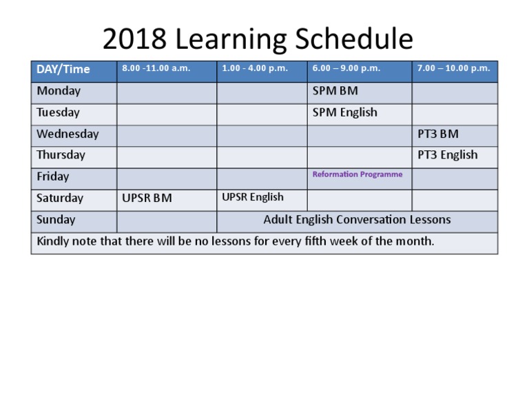 2018 Learning Schedule Overview | PDF