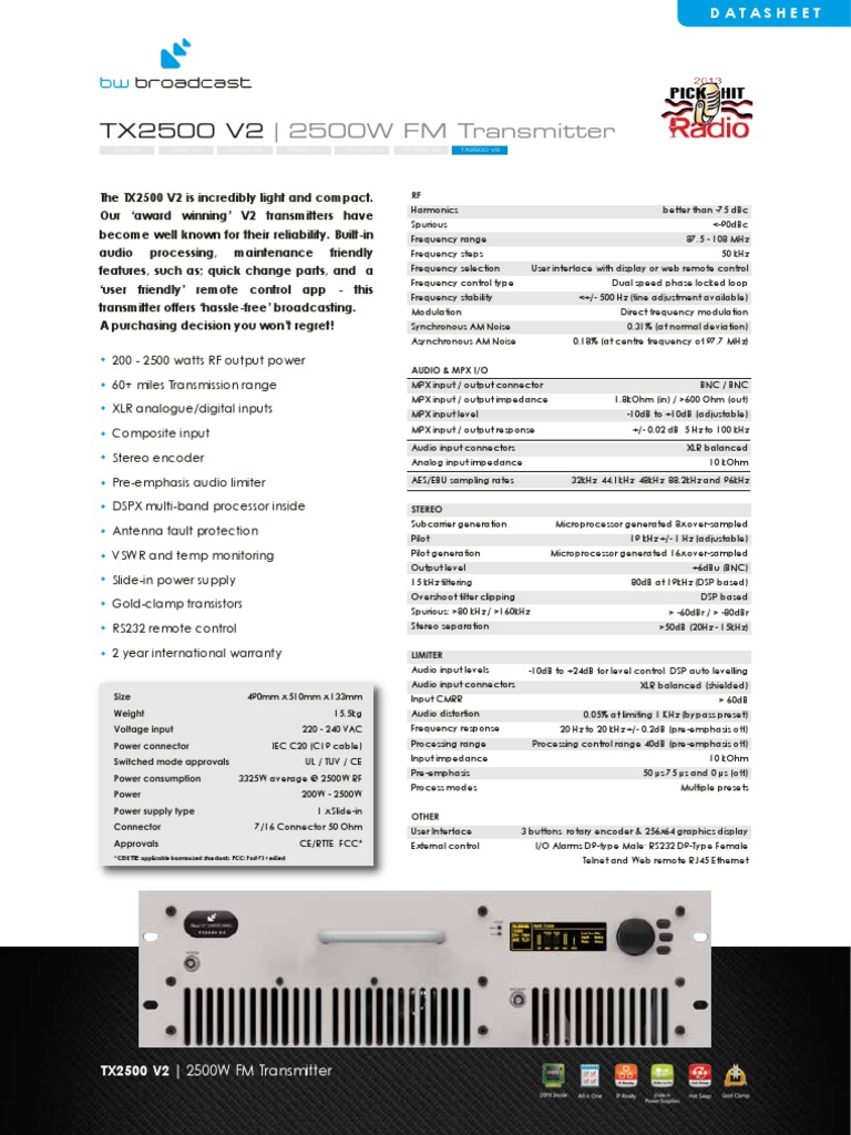 BWB TX2500V2 Datasheet | PDF | Frequency Modulation | Sampling (Signal Processing)
