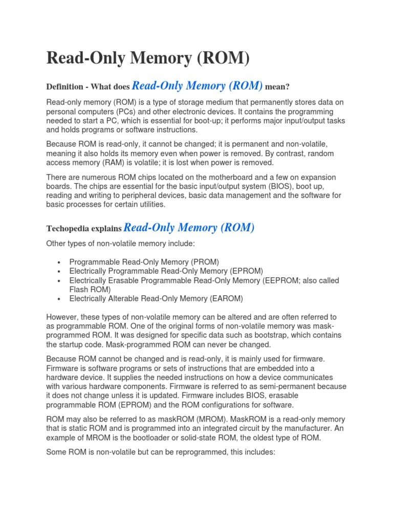 Rom Memory Defination | PDF | Read Only Memory | Computer Memory