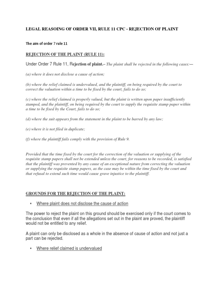 Order VII Rule 11 CPC: Rejection Grounds | PDF | Lawsuit | Confession (Law)