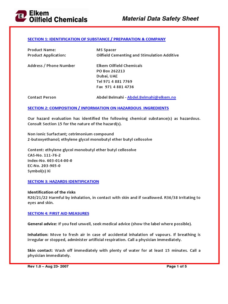 Ms Spacer Msds | PDF | Firefighting | Personal Protective Equipment