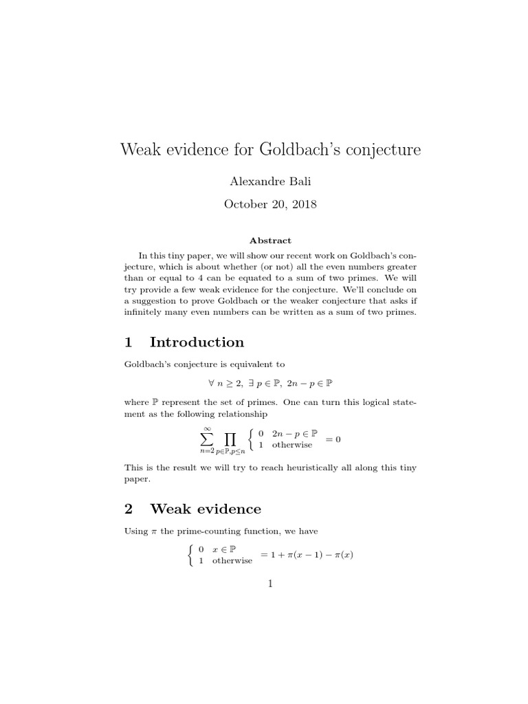 Weak Evidence For Goldbach's Conjecture | PDF | Prime Number | Conjecture