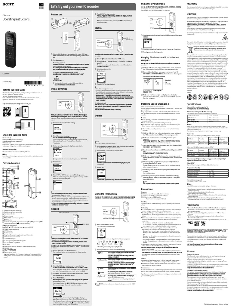 Let's Try Out Your New IC Recorder: Operating Instructions | PDF ...
