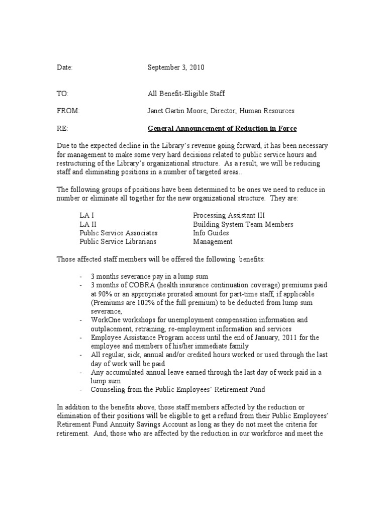 IMCPL Staff Reduction Memo | PDF | Retirement | Consolidated Omnibus ...