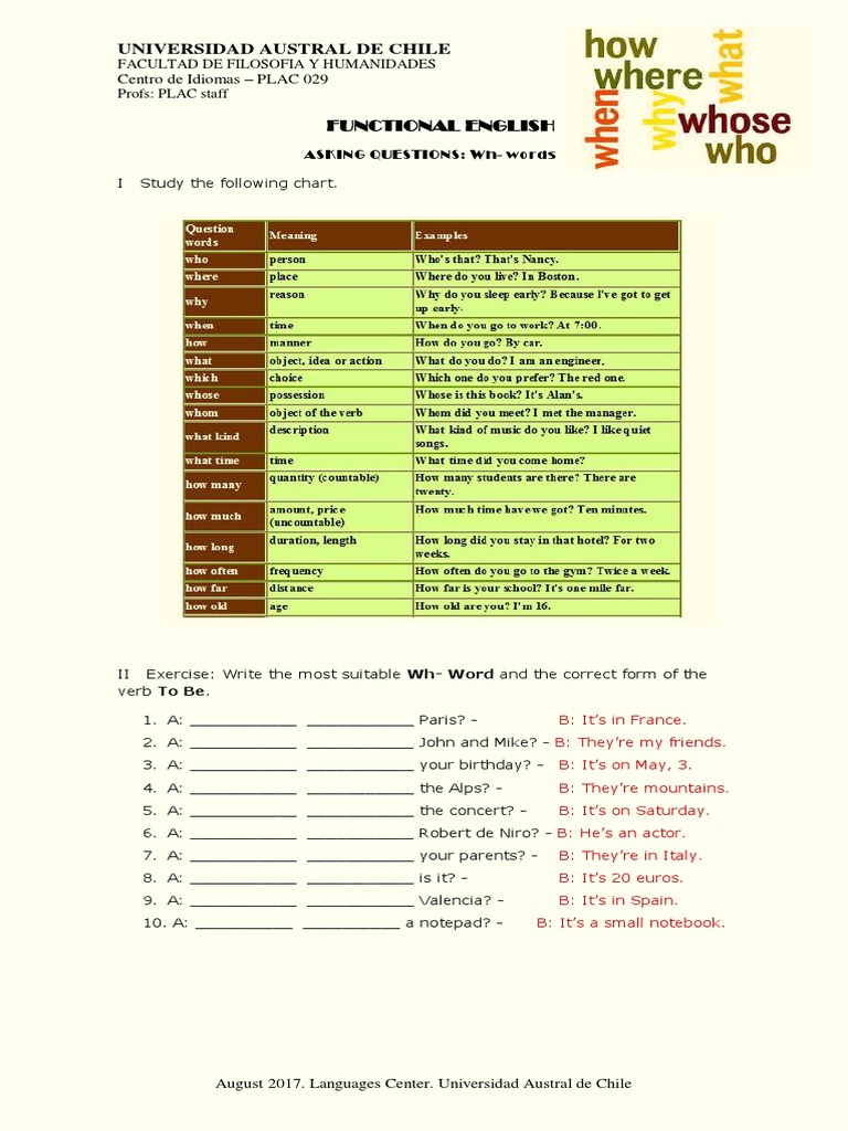 Functional English: Wh- Questions Guide | PDF