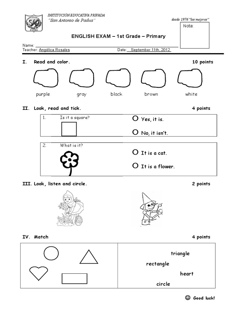 English Exam - Prim 1 - September | PDF