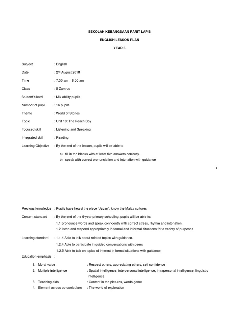 Year 5 English Lesson Plan: The Peach Boy | PDF | Folklore | Teachers