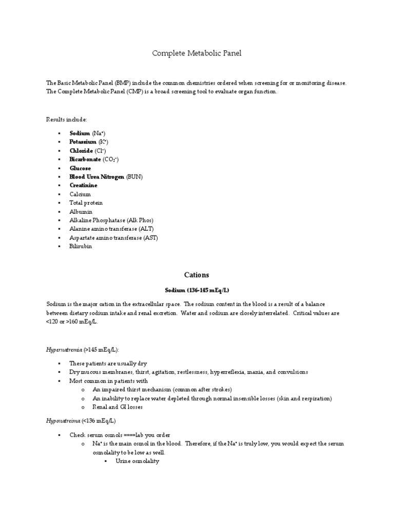 Complete Metabolic Panel | PDF | Creatinine | Renal Function