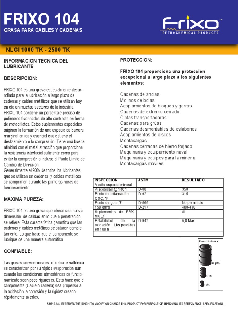 Frixo 104 Tk Grasa Para Cables y Cadenas | Lubricante | Sustancias químicas