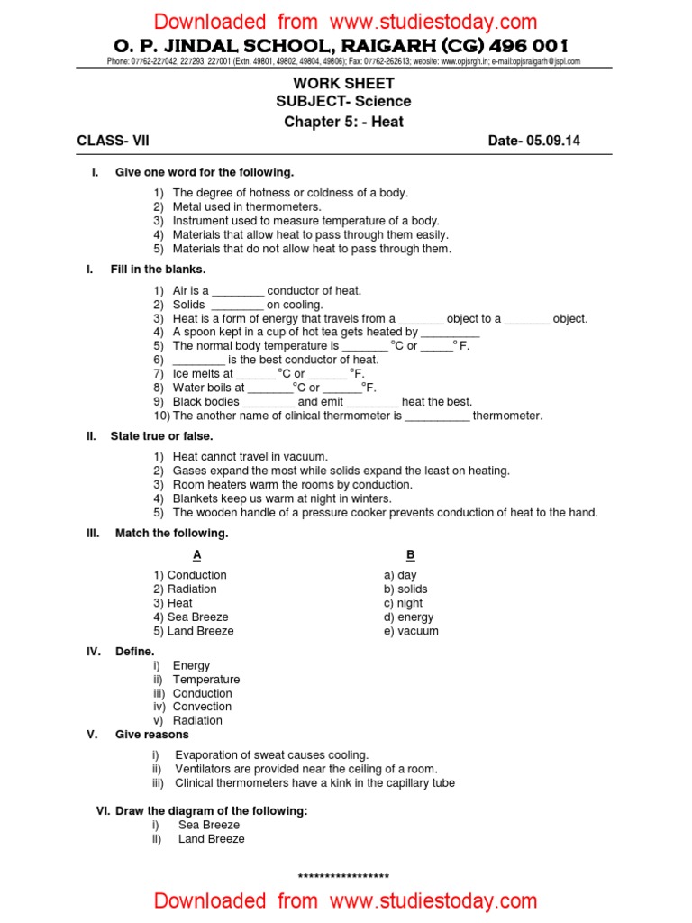 Class 7 Heat Worksheet and Answers | PDF | Thermal Conduction | Heat